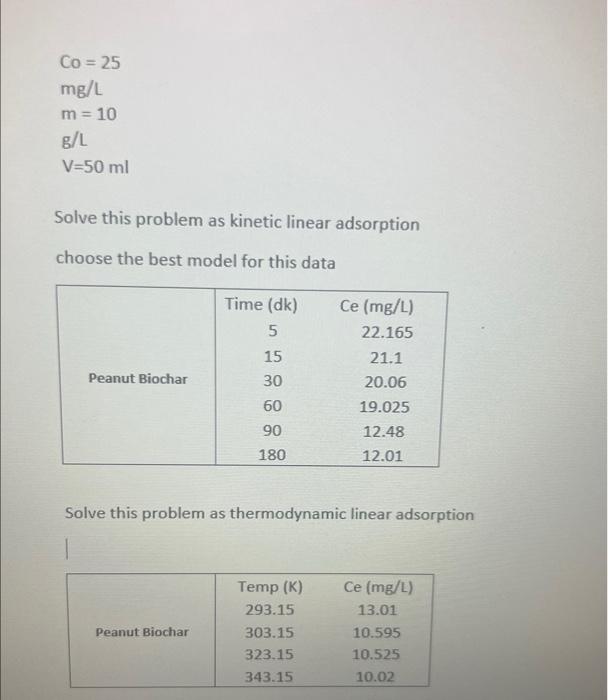 Co=25mg/Lm=10 g/LV=50ml Solve this problem as kinetic | Chegg.com