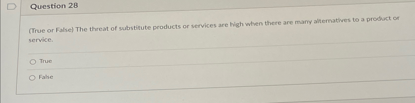 Solved Question 28(True or False) ﻿The threat of substitute | Chegg.com