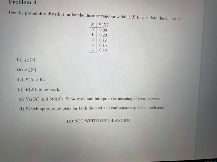 Solved Problem 3 Use the probability distribution for the | Chegg.com