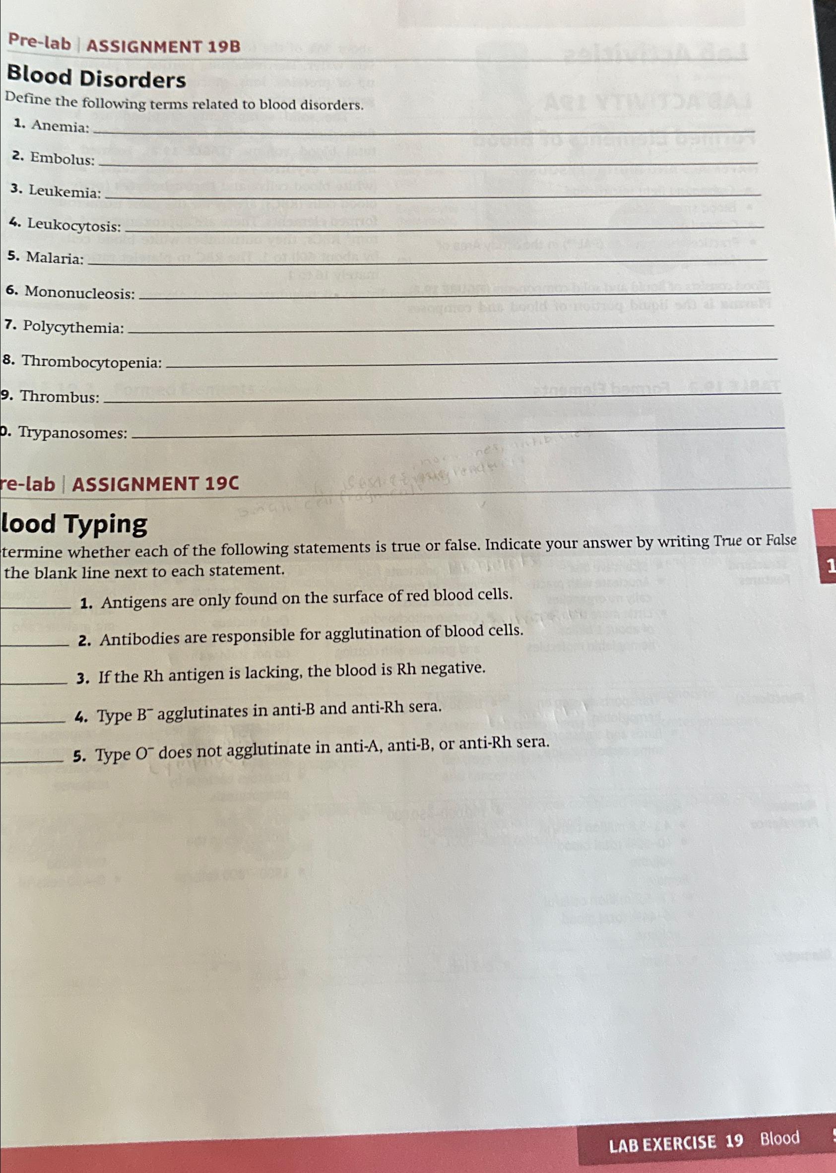 Solved Pre-lab ASSIGNMENT 19BBlood DisordersDefine the | Chegg.com