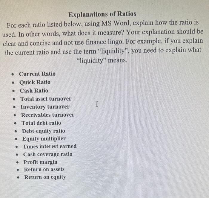 Solved Explanations of Ratios For each ratio listed below, | Chegg.com