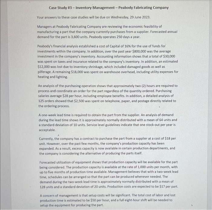 Solved Case Study #3 - Inventory Management - Peabody | Chegg.com