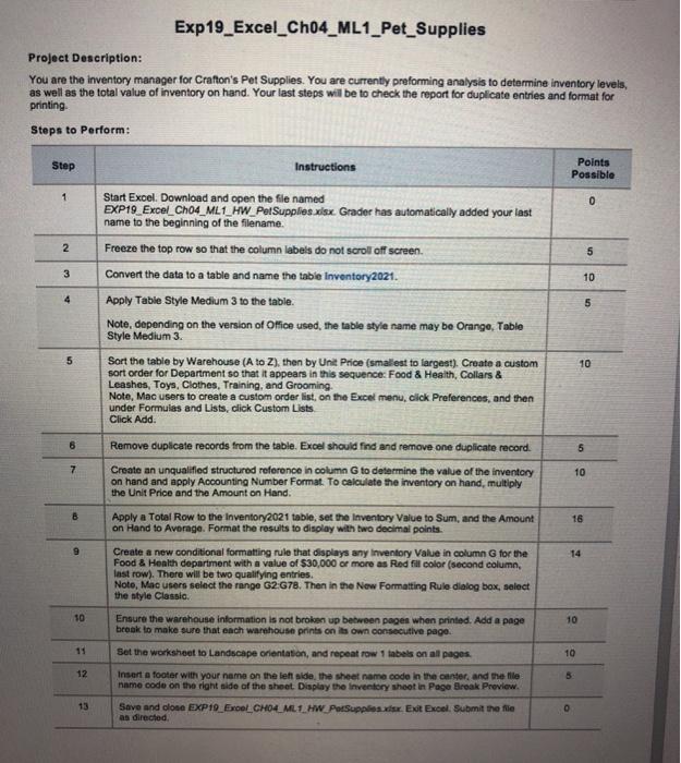 Exp19_Excel_Ch04_ML1_Pet_Supplies Project | Chegg.com