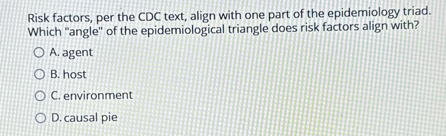 Solved Risk factors, per the CDC text, align with one part | Chegg.com