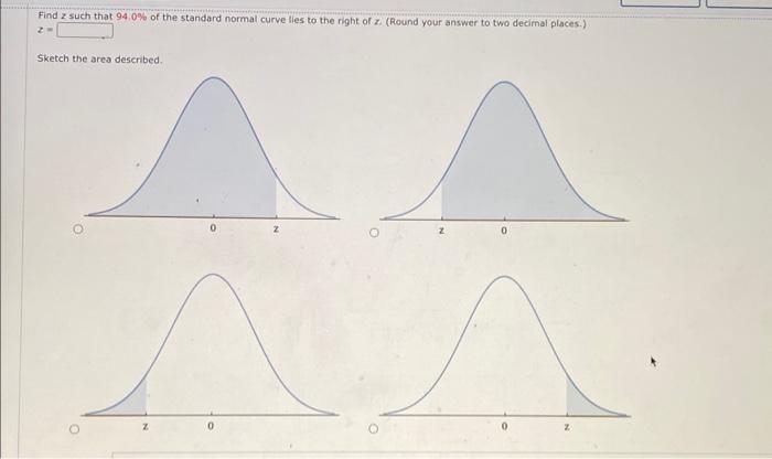 Solved Find z such that 94.0\% of the standard normal curve | Chegg.com