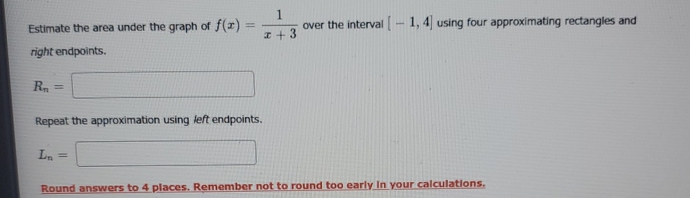 Solved Estimate the area under the graph of f(x)=1x+3 ﻿over | Chegg.com