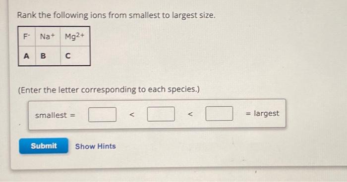 Solved Rank the following ions from smallest to largest | Chegg.com