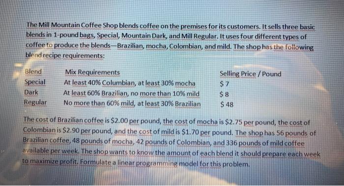 Solved The Mill Mountain Coffee Shop blends coffee on the | Chegg.com