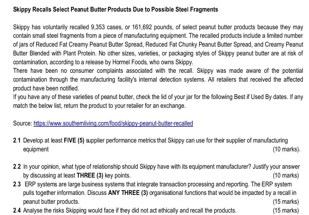 Solved Skippy Recalls Select Peanut Butter Products Due to | Chegg.com