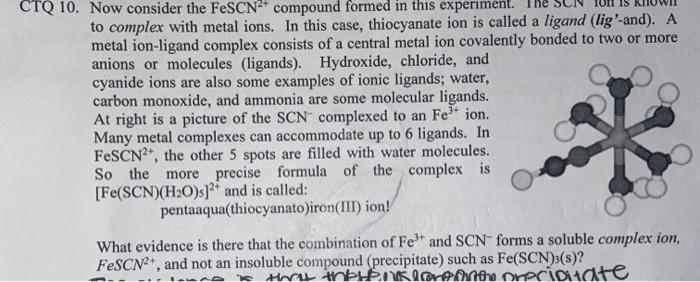 Solved luk at the bottom. Now consider the FeSCN2+ compound | Chegg.com
