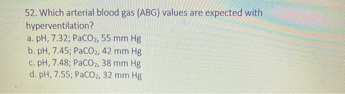 Solved 52. Which arterial blood gas (ABG) values are | Chegg.com