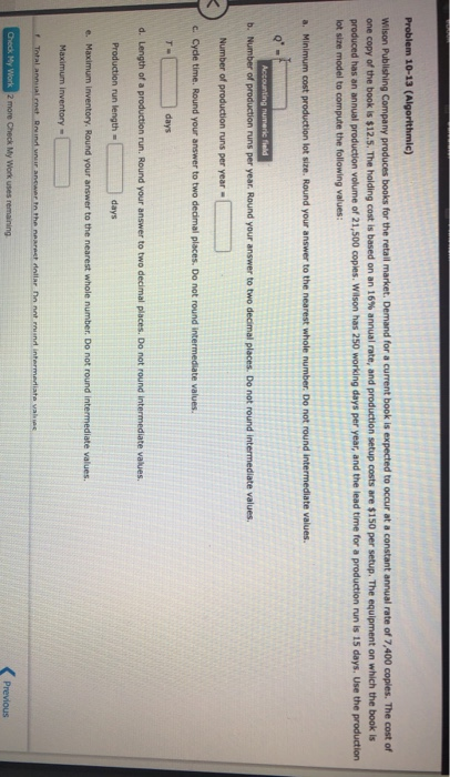 Solved Problem 10-13 (Algorithmic) Wilson Publishing Company | Chegg.com
