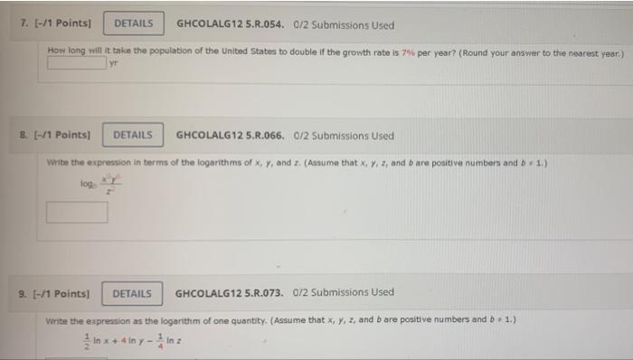 Solved 7. (-/1 Points DETAILS GHCOLALG12 5.R.054. C/2 | Chegg.com