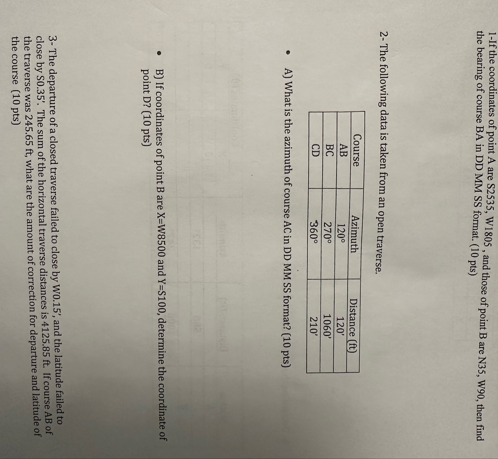Solved 1-If the coordinates of point A are S2535, ﻿W1805, | Chegg.com