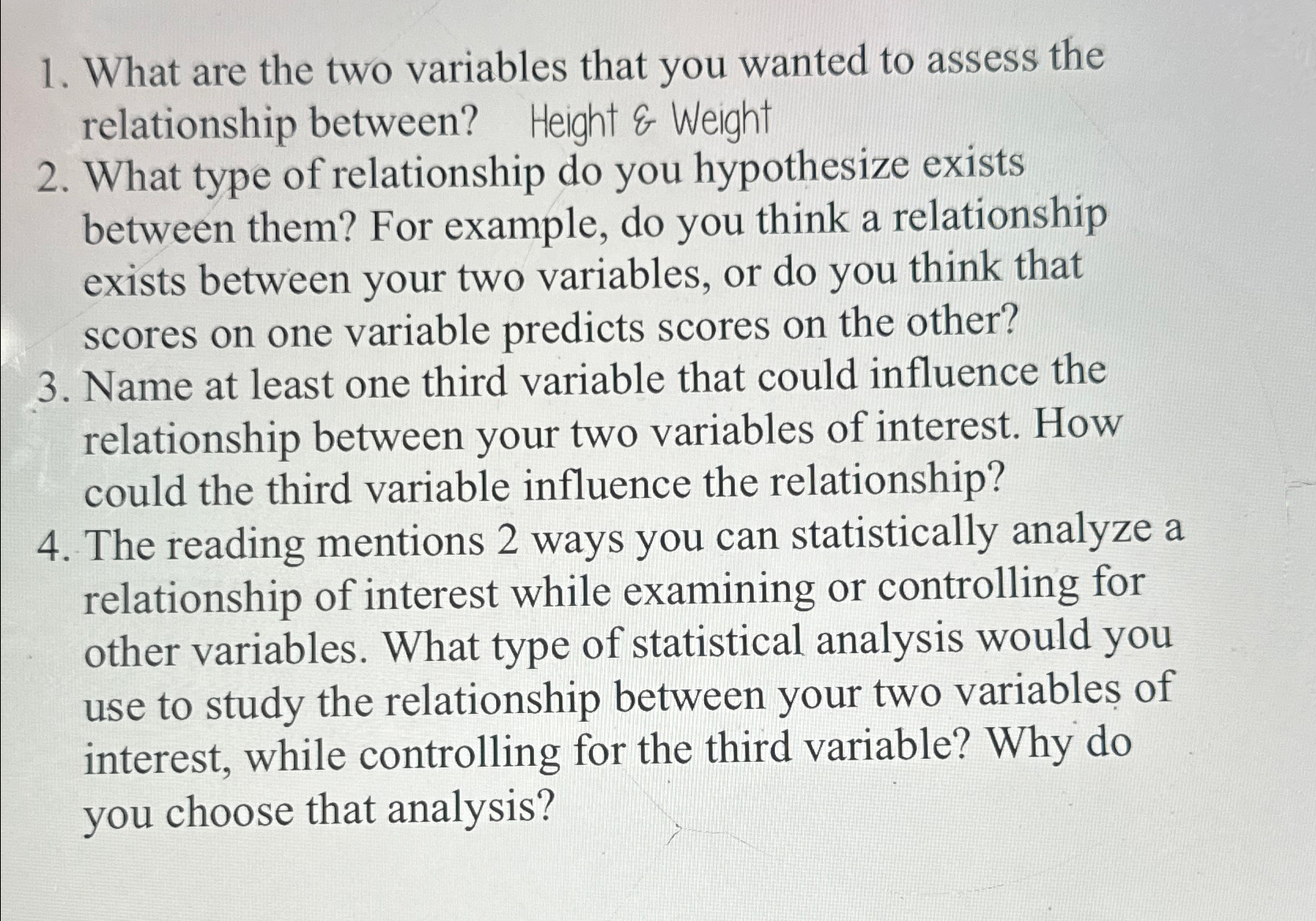 Solved What are the two variables that you wanted to assess | Chegg.com