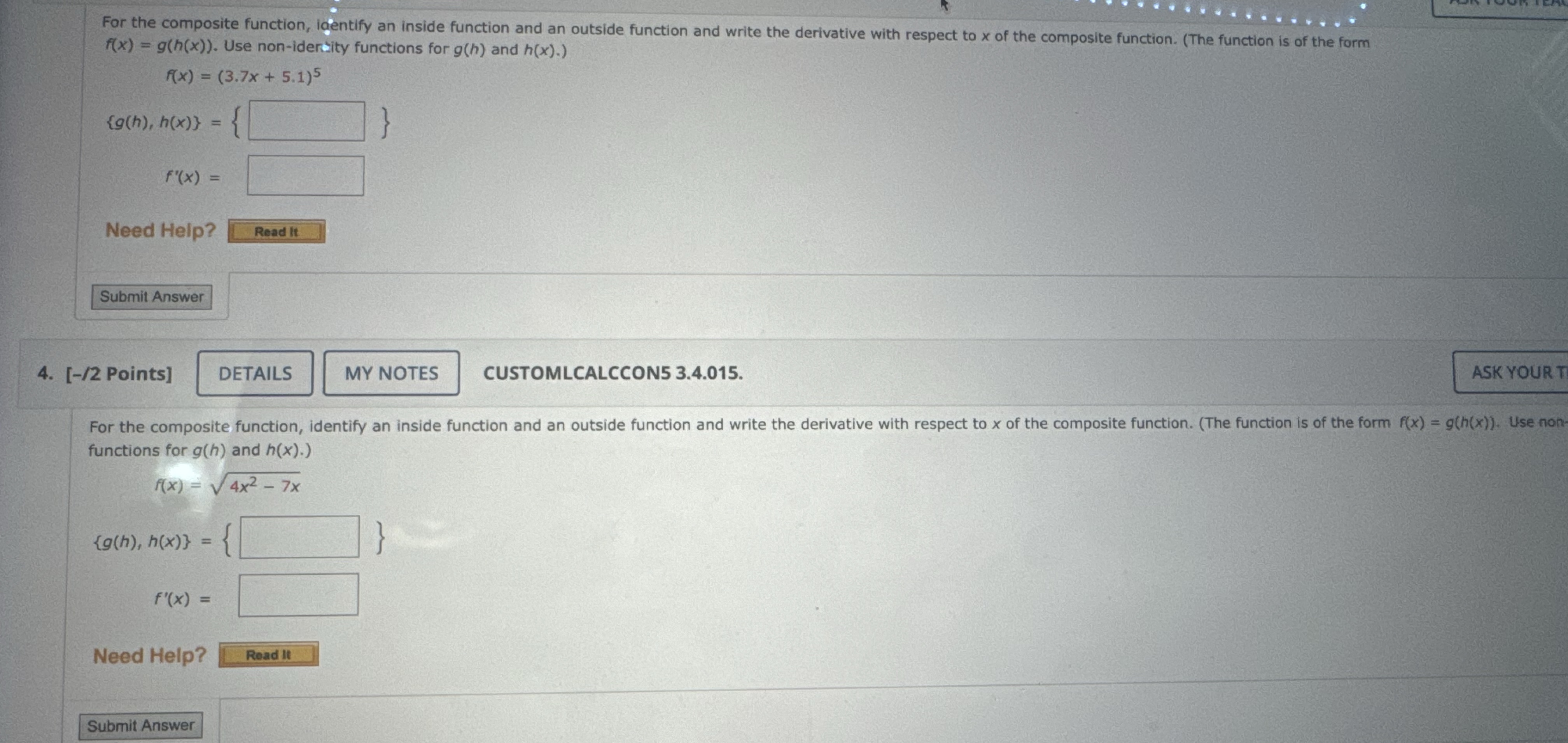 Solved For the composite function, igentify an inside | Chegg.com