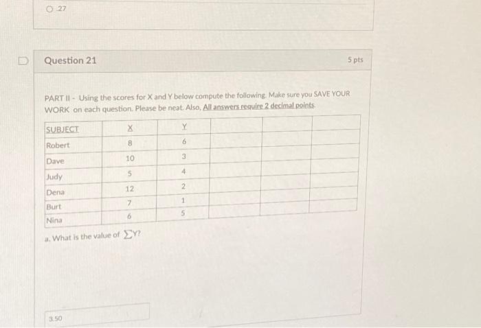 Solved PART II - Using the scores for X and Y below compute | Chegg.com