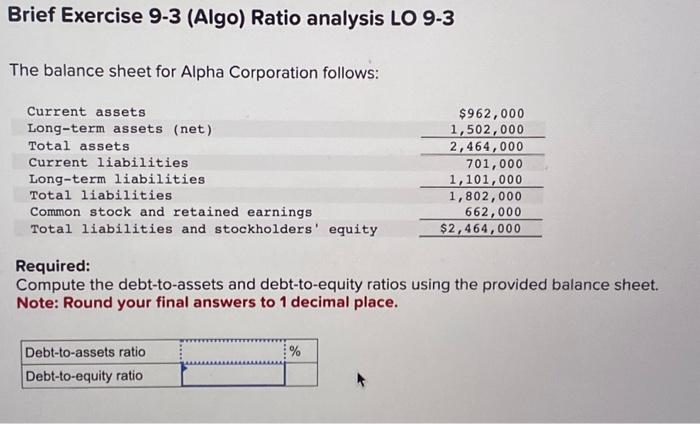 Solved Brief Exercise 9-3 (Algo) Ratio analysis LO 9-3 The | Chegg.com