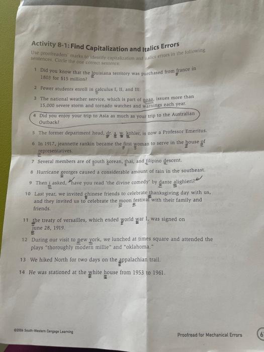 Solved Activity 8-1: Find Capitalization and Italics Errors | Chegg.com