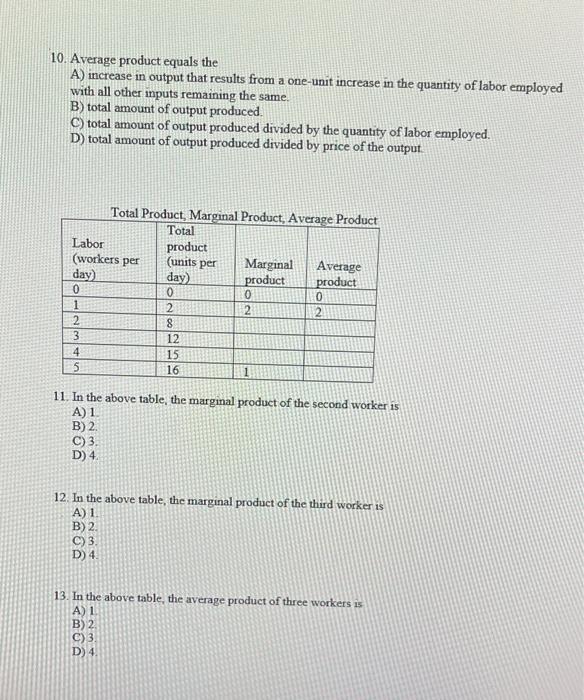 Solved 10. Average product equals the A) increase in output | Chegg.com