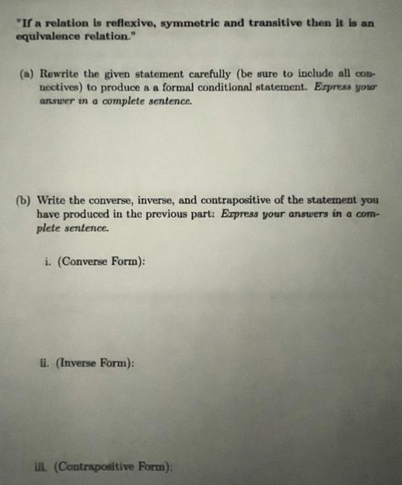 Solved "If a relation is reflexive, symmetric and transitive | Chegg.com