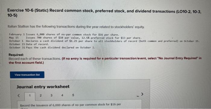Solved Exercise 10-6 (Static) Record common stock, preferred | Chegg.com