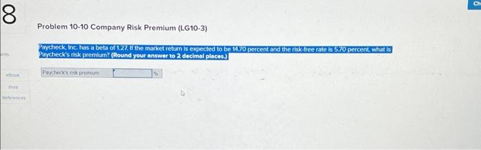 Solved Problem 10-10 Company Risk Premium (LG10-3) | Chegg.com