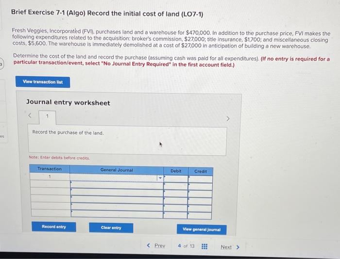 Solved Brief Exercise 7-1 (Algo) Record the initial cost of | Chegg.com