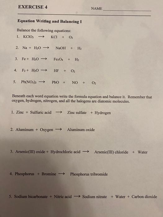 Solved EXERCISE 4 Equation Writing and Balancing I Balance | Chegg.com