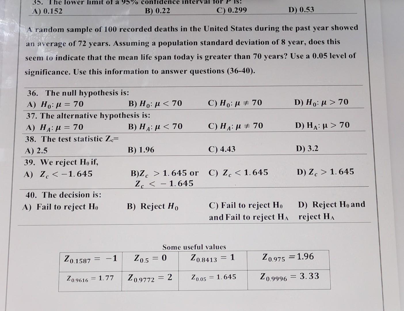 Solved 36. The null hypothesis is: A) H0:μ=70 B) H0:μ