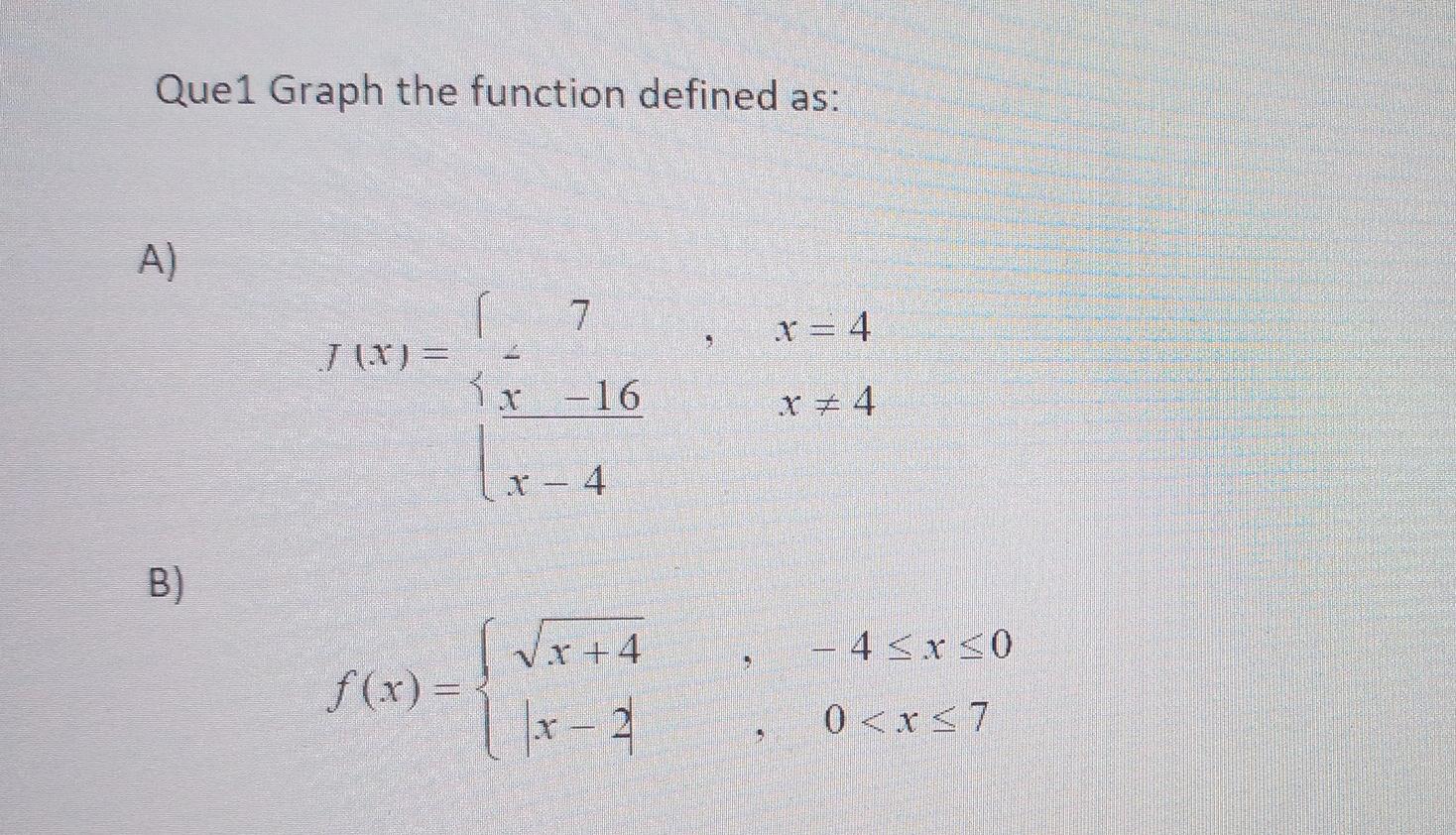 Solved Que1 Graph the function defined as: A) [ 7 x = 4 7 | Chegg.com