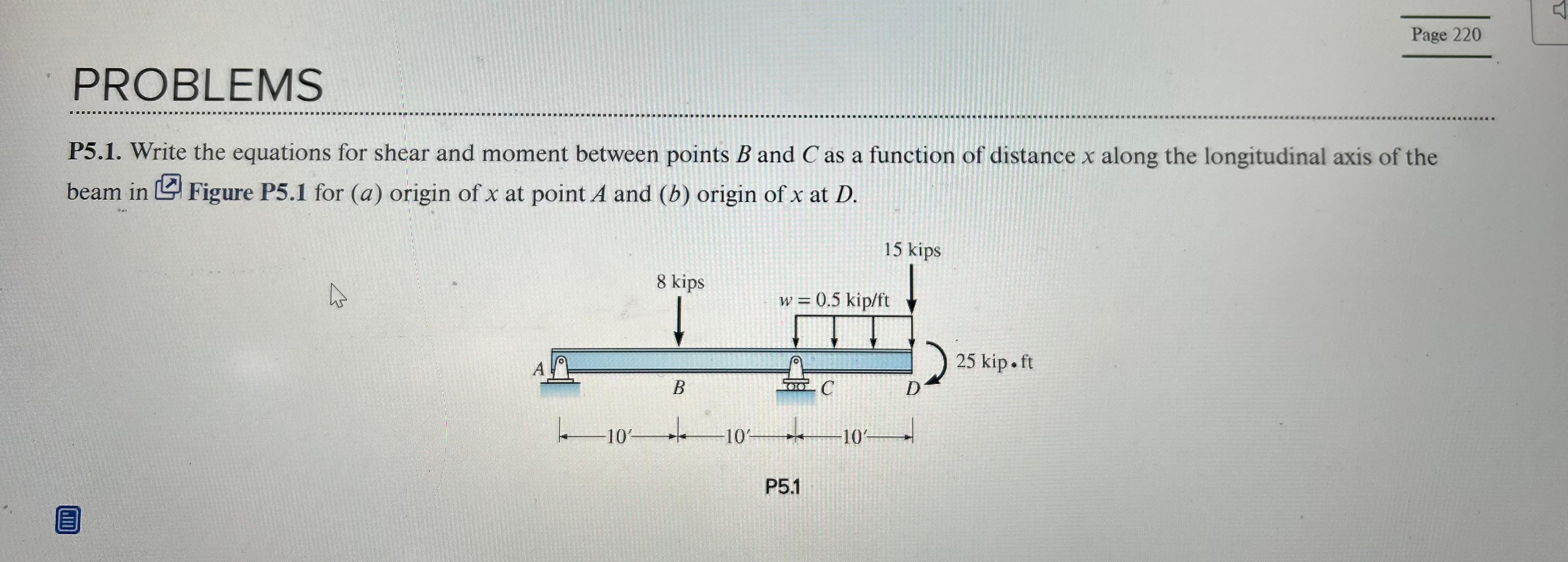 Solved Page 220PROBLEMSP5.1. ﻿Write the equations for shear | Chegg.com