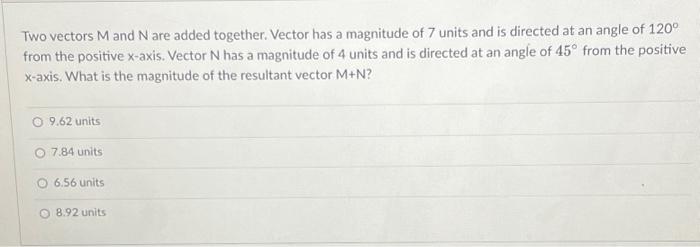 Solved Two vectors M and N are added together. Vector has a | Chegg.com