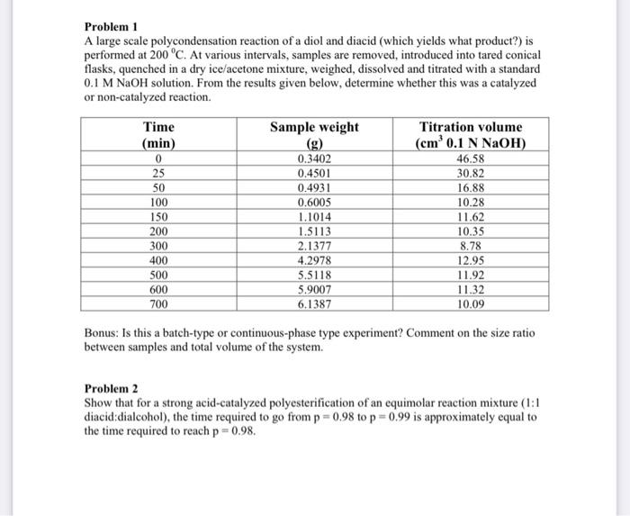 Solved Problem 1 A large scale polycondensation reaction of | Chegg.com