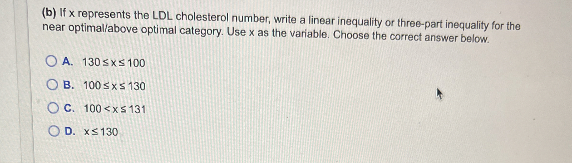 Solved (b) ﻿If x ﻿represents the LDL cholesterol number, | Chegg.com