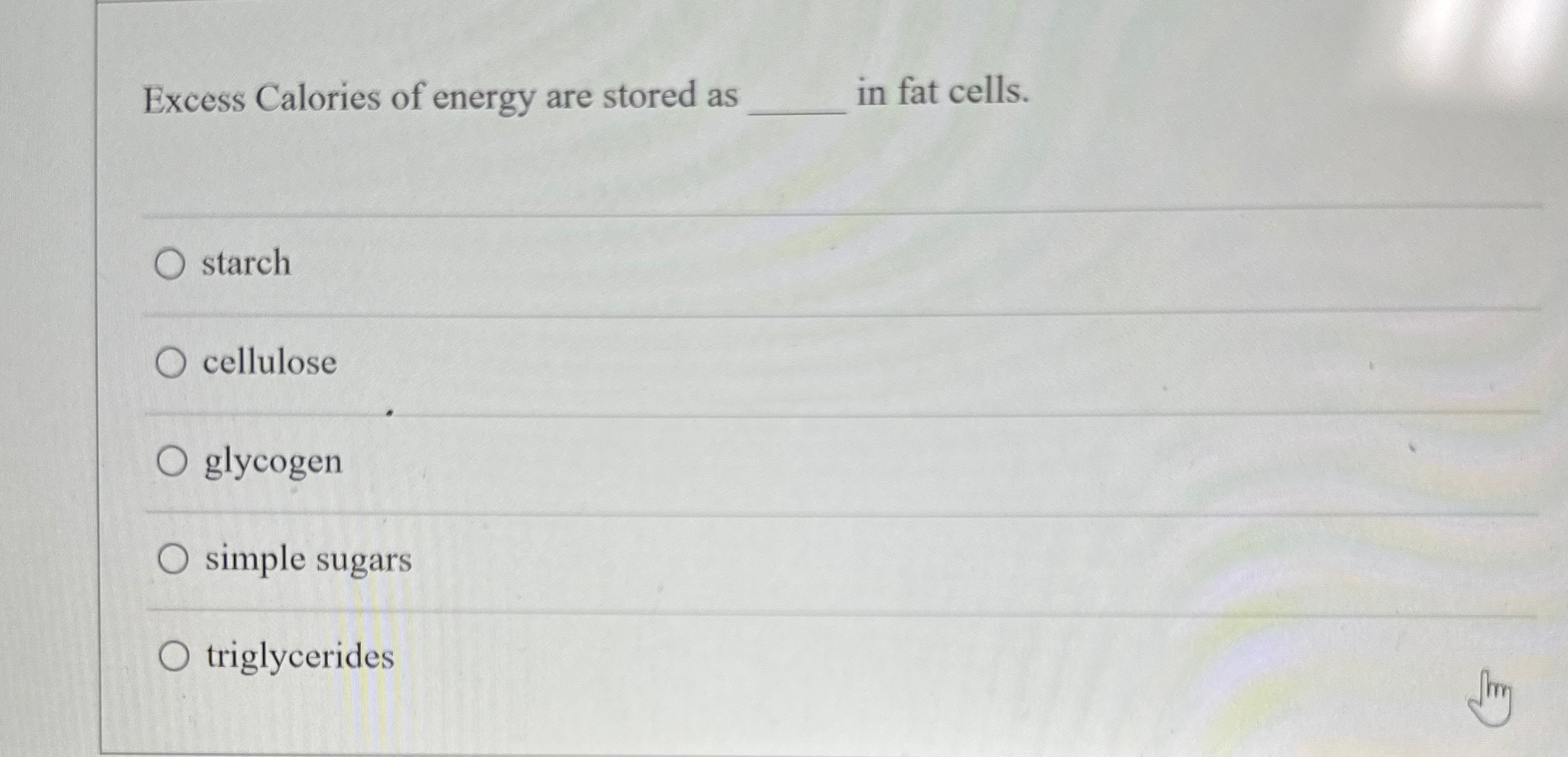Solved Excess Calories of energy are stored as q, ﻿in fat | Chegg.com