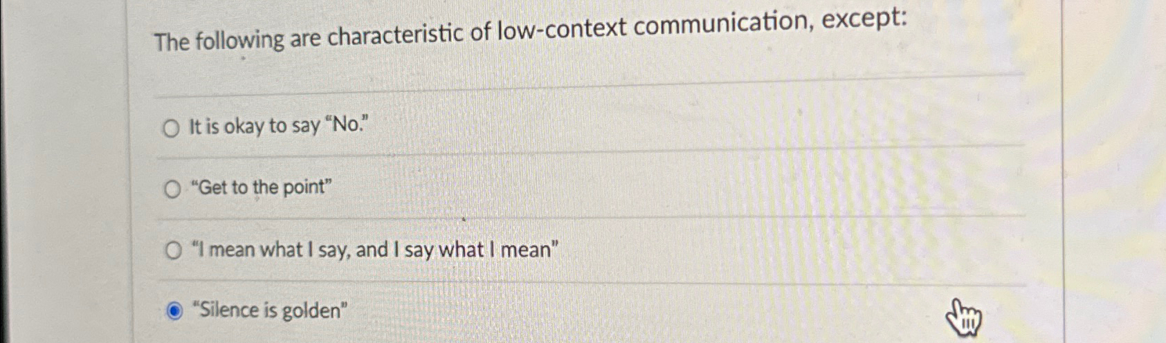 Solved The following are characteristic of low-context | Chegg.com