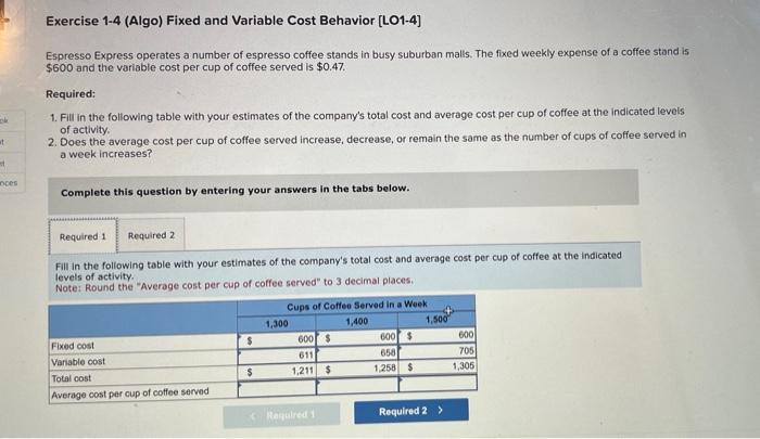 Solved Exercise 1 4 Algo Fixed And Variable Cost Behavior 0484