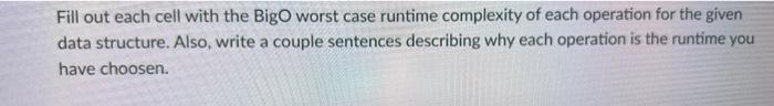 Solved Fill out each cell with the BigO worst case runtime | Chegg.com