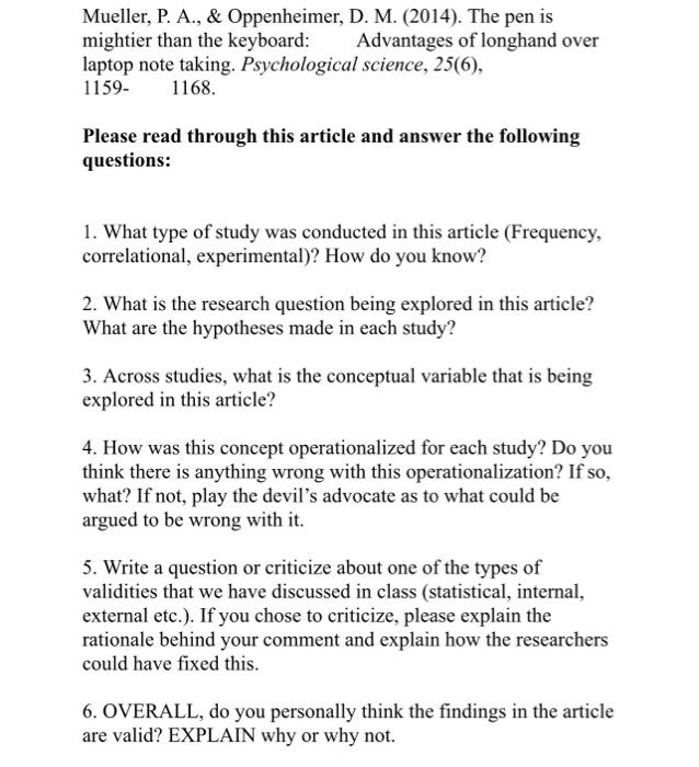 Mueller, P. A., & Oppenheimer, D. M. (2014). The pen | Chegg.com