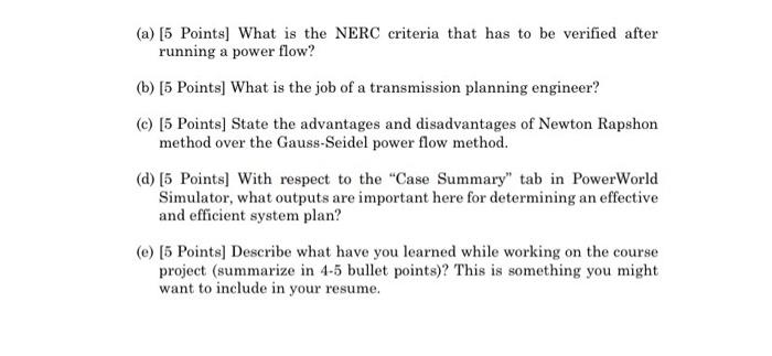 Solved (a) [5 Points] What is the NERC criteria that has to | Chegg.com