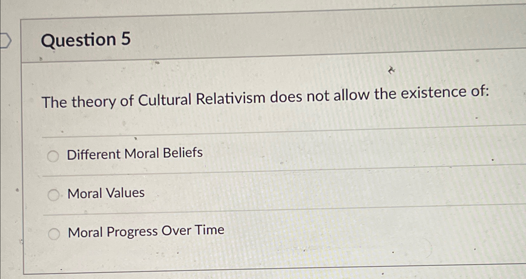 Solved Question 5The theory of Cultural Relativism does not | Chegg.com