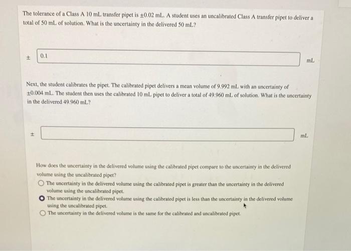 Solved The tolerance of a Class A10 mL transfer pipet is | Chegg.com