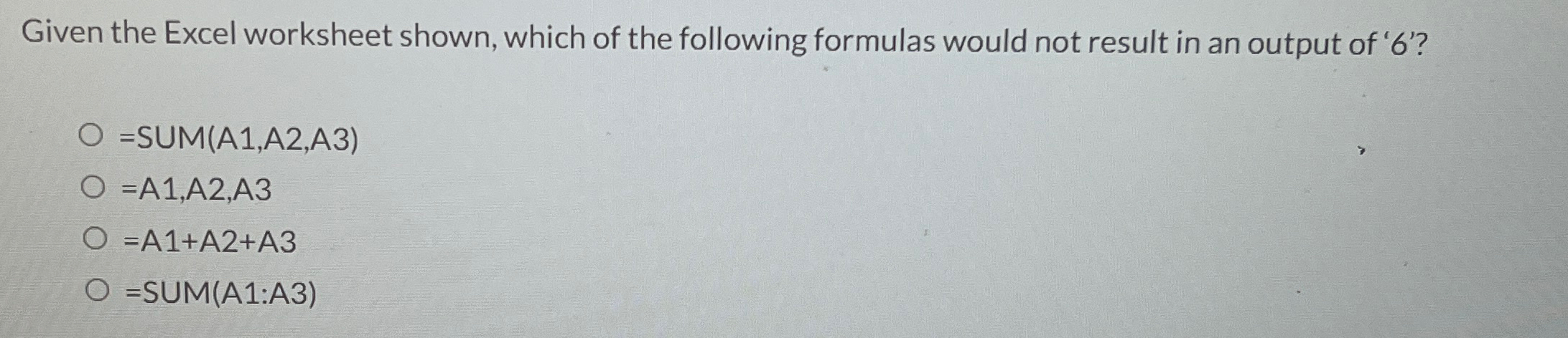 Solved Given the Excel worksheet shown, which of the | Chegg.com