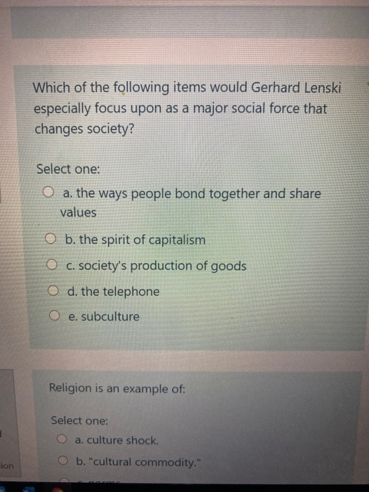 Solved Which of the following items would Gerhard Lenski | Chegg.com
