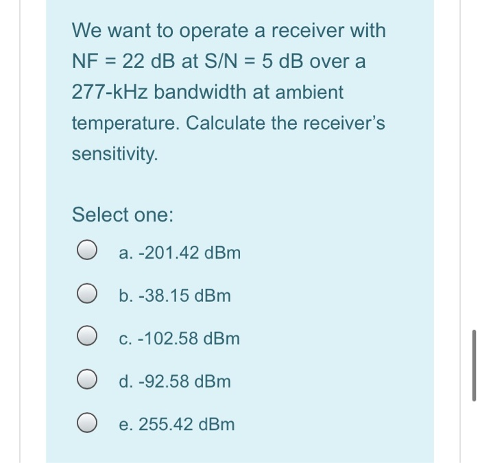 Solved We want to operate a receiver with NF = 22 dB at S/N | Chegg.com