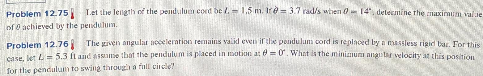 Solved Problem 12.75 Let the length of the pendulum cord be | Chegg.com
