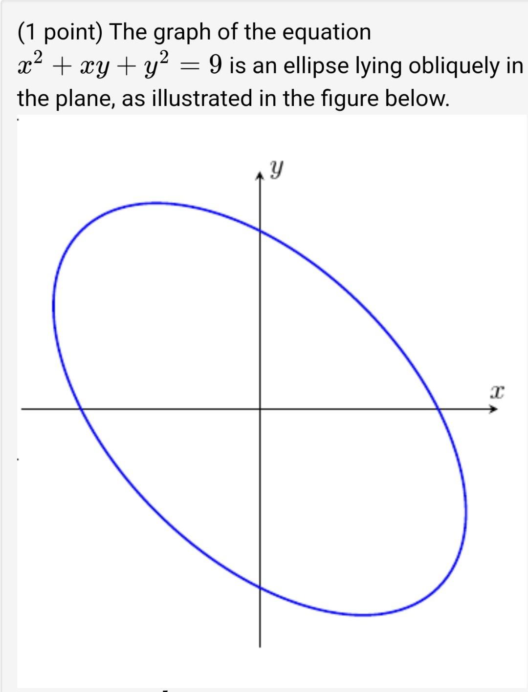 Solved ( 1 point) The graph of the equation x2+xy+y2=9 is an | Chegg.com
