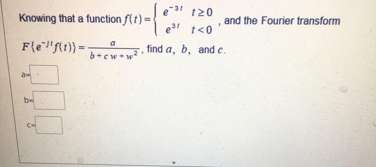 Solved Knowing that a function f(t)= ={ e-31 to e3t t