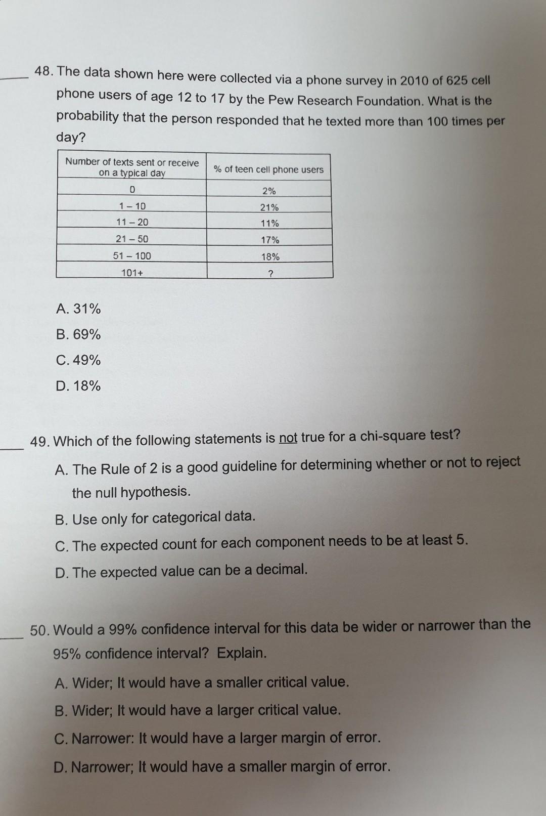 Solved 48. The data shown here were collected via a phone | Chegg.com